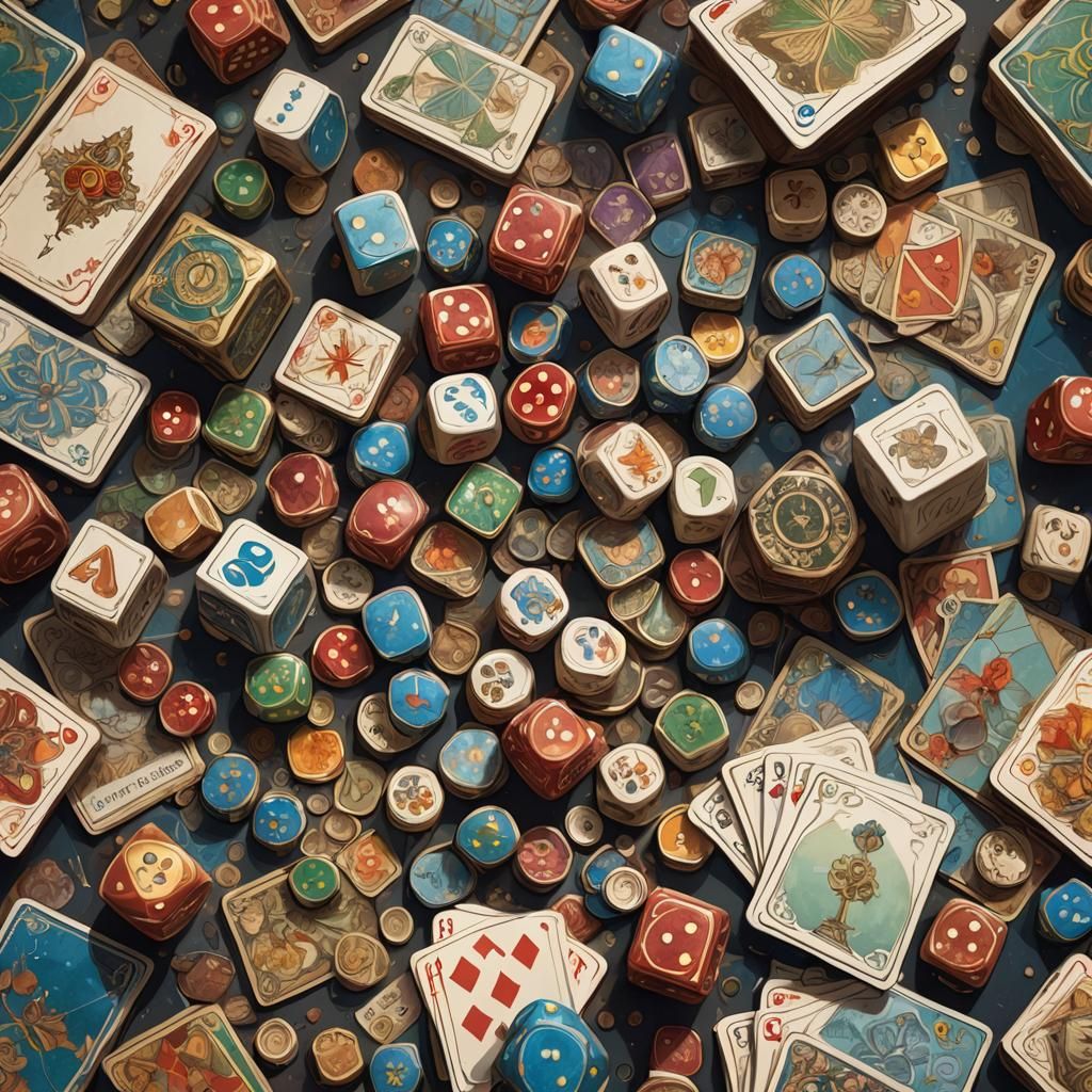 Board game ; dices and cards ; Miple ; light at dawn watercolors 8k ...