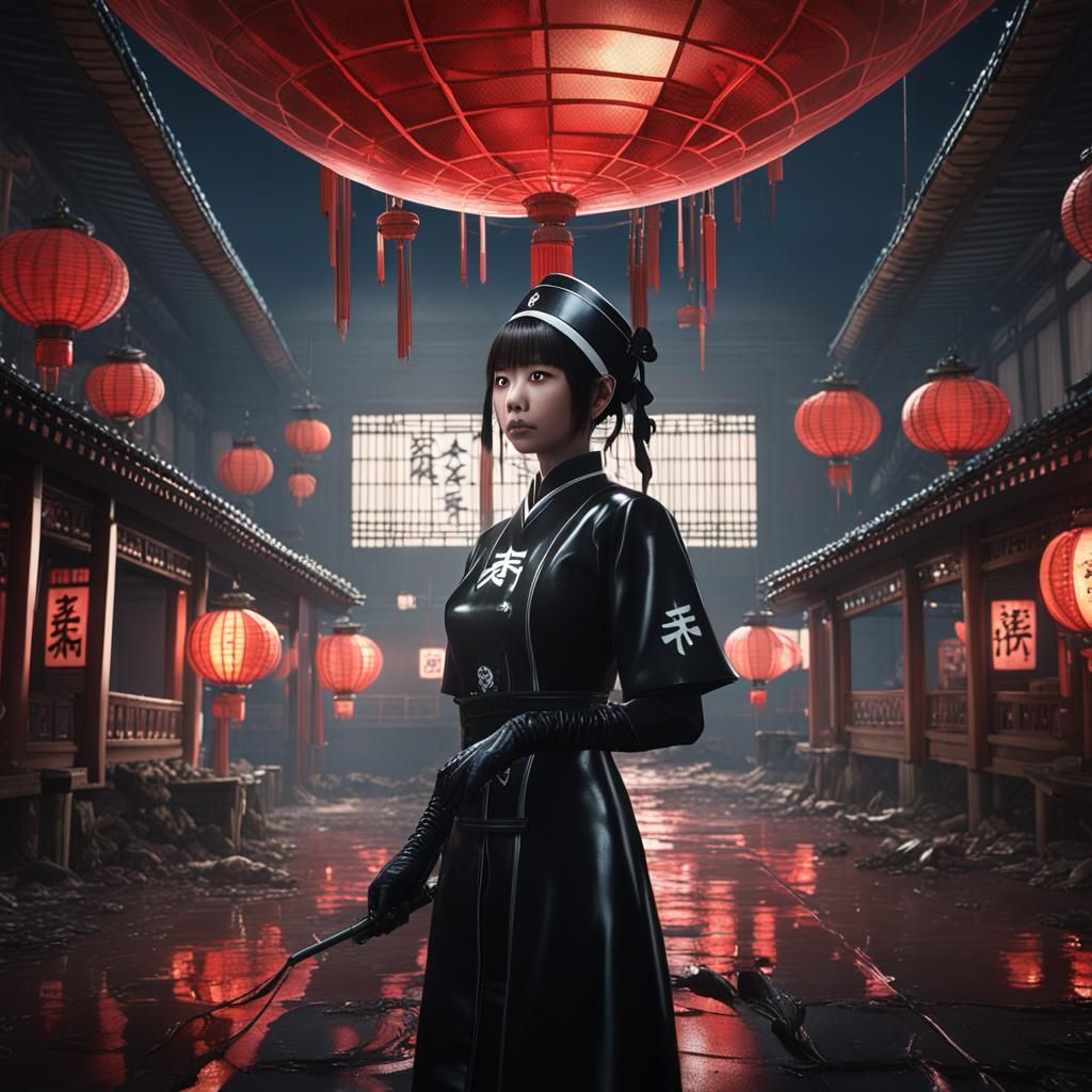 A diabolical Japanese nurse dressed in black latex confronts the ...