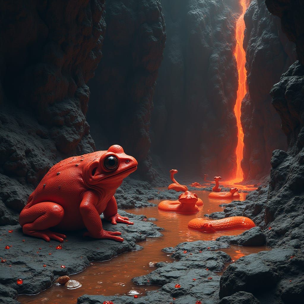A fire toad and several fire snakes in a lava fissure inside a volcano
