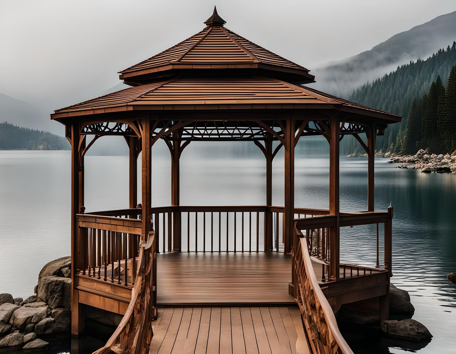 brown wooden gazebo beside mountain and body of water - AI Generated ...