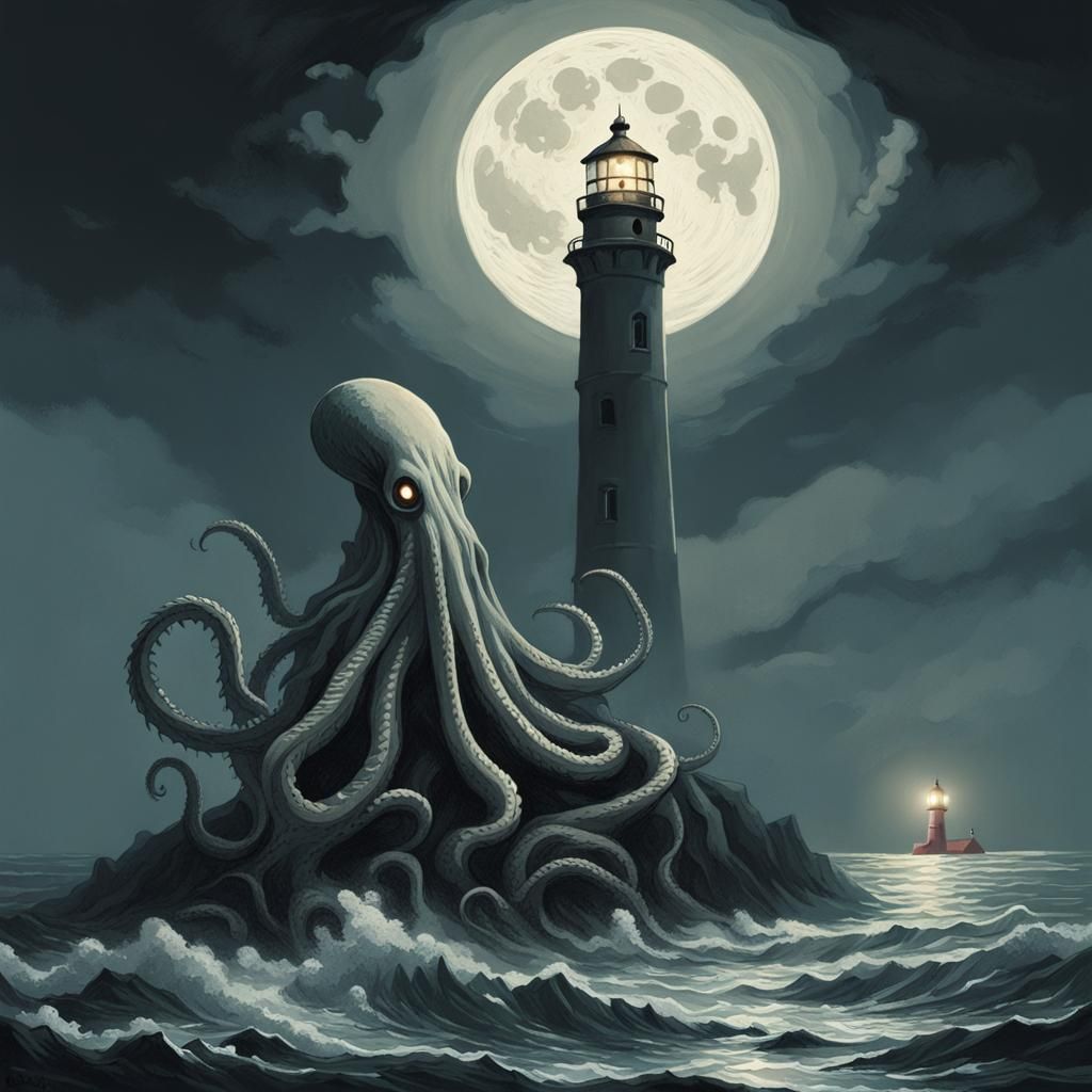 Kraken guarding lighthouse under the moon - AI Generated Artwork ...