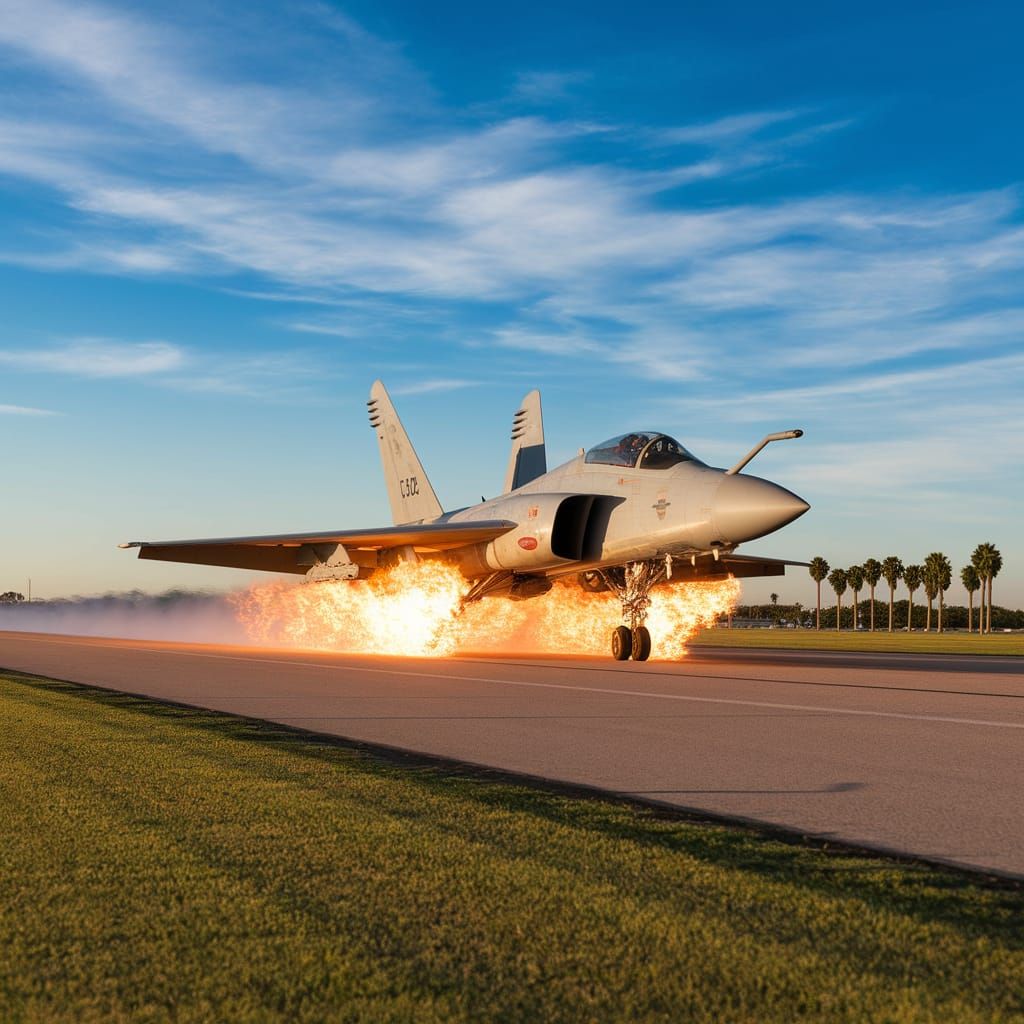Us Air Force Jet - Sleek Military Jet Takes Off in Fiery Aft...