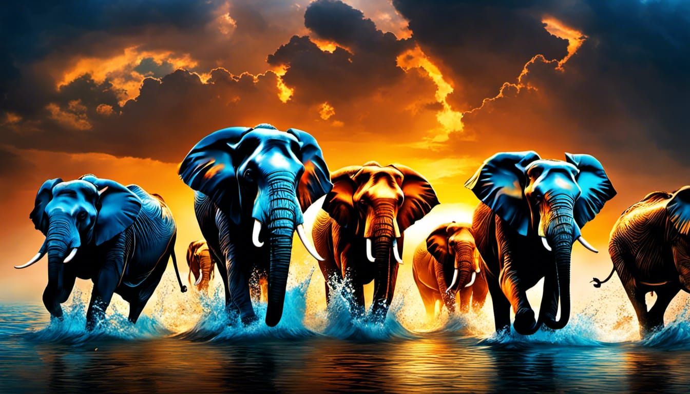 An elephant stampede through shallow water at sunset - AI Generated ...