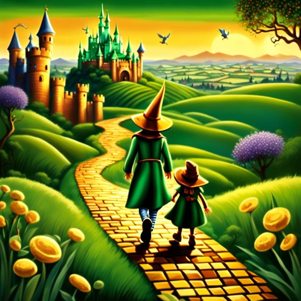Very happy, ALICE and TOTO walking along a winding path of shining ...