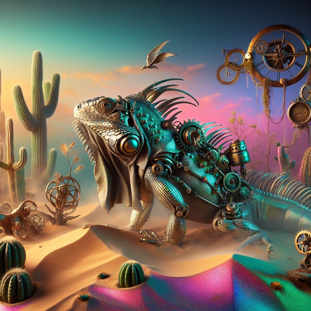 Steampunk Cyborg Pet Iguana, metallic scales, stylized iridescent ...