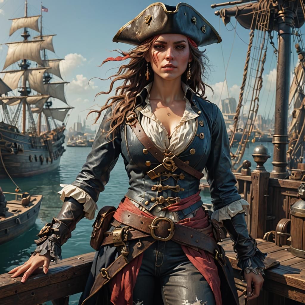 female pirate, full body view with head, 19 century harbor, ultra ...