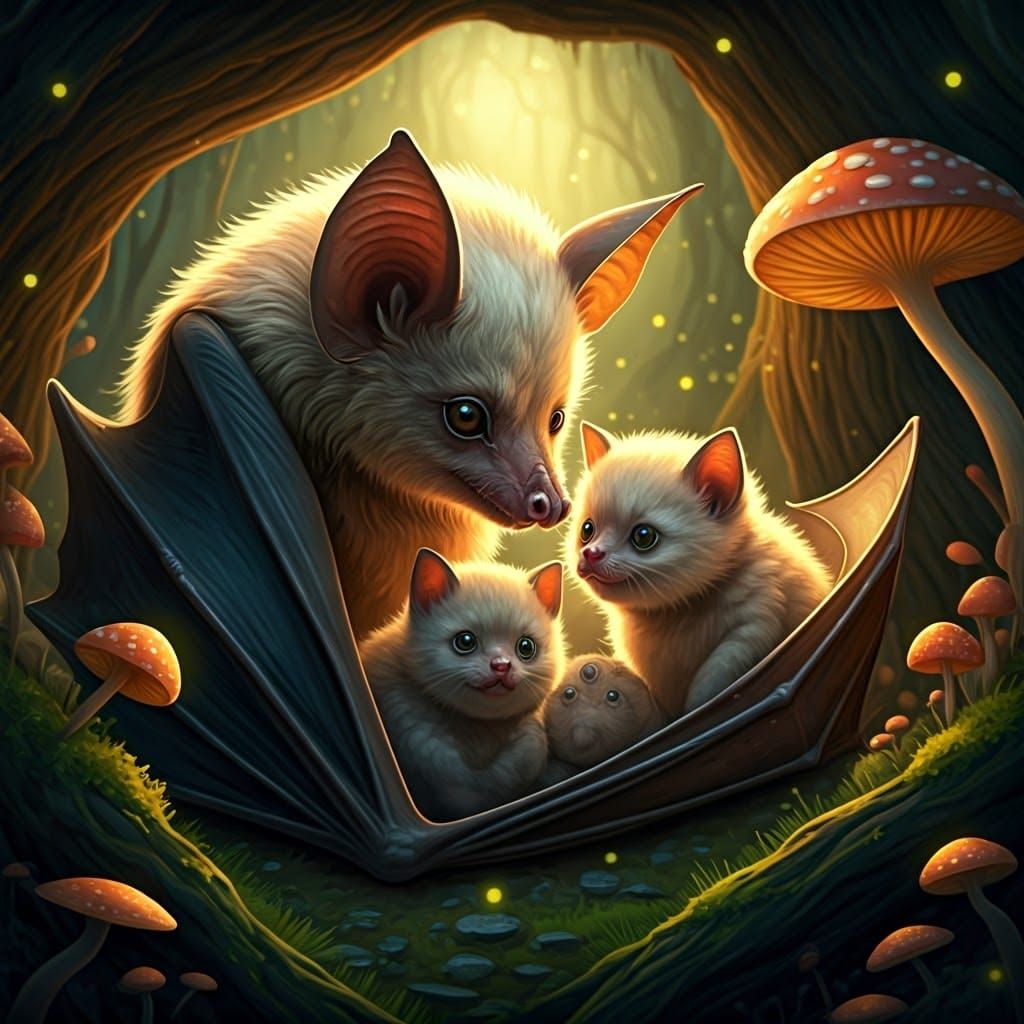 Mother Bat Watches Over Whimsical Kittens in Encha... - AI Art