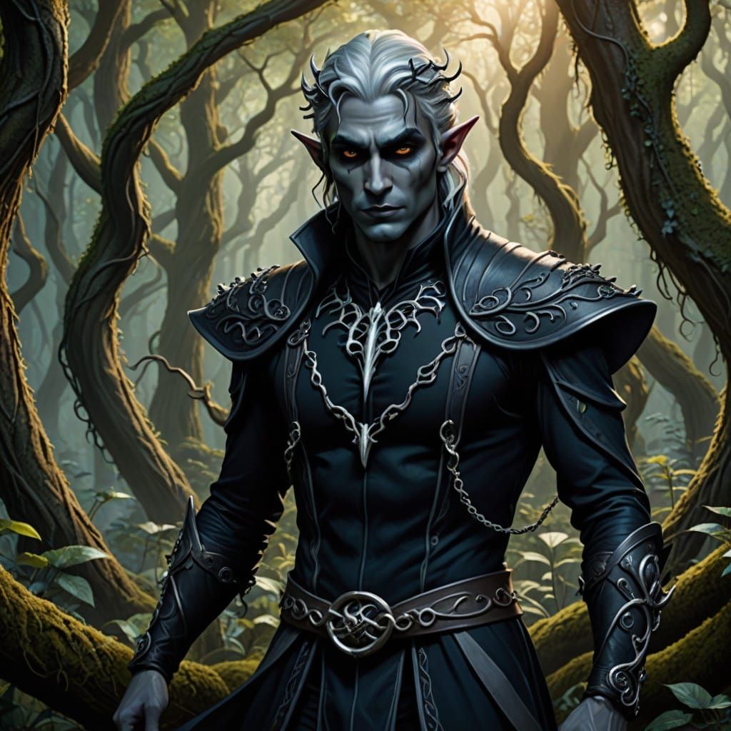 Male Drow - Dark Elf Warrior Emerges from Mystical Forest