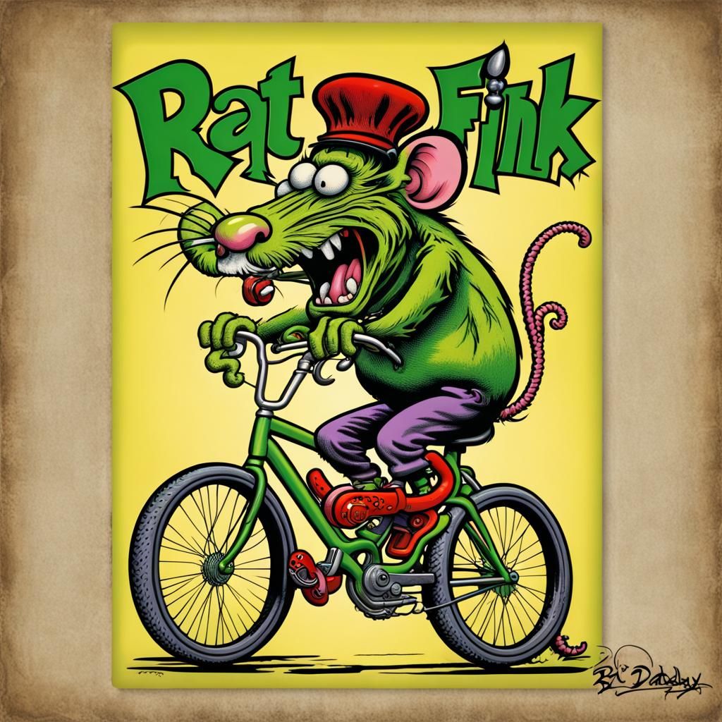 A "Rat Fink on a bicycle" conjures an imaginative and intriguing image ...