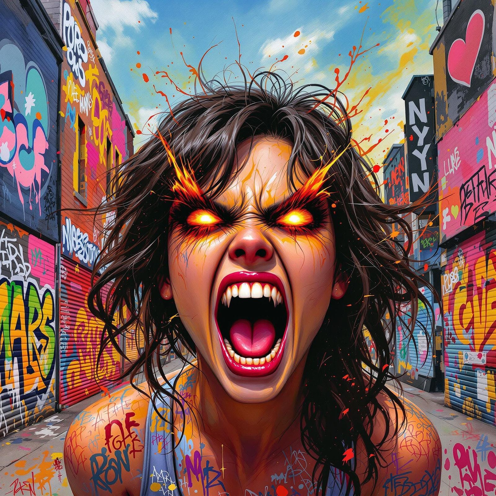 A very cute brunette woman, angry woman, screaming in a rage, poster ...