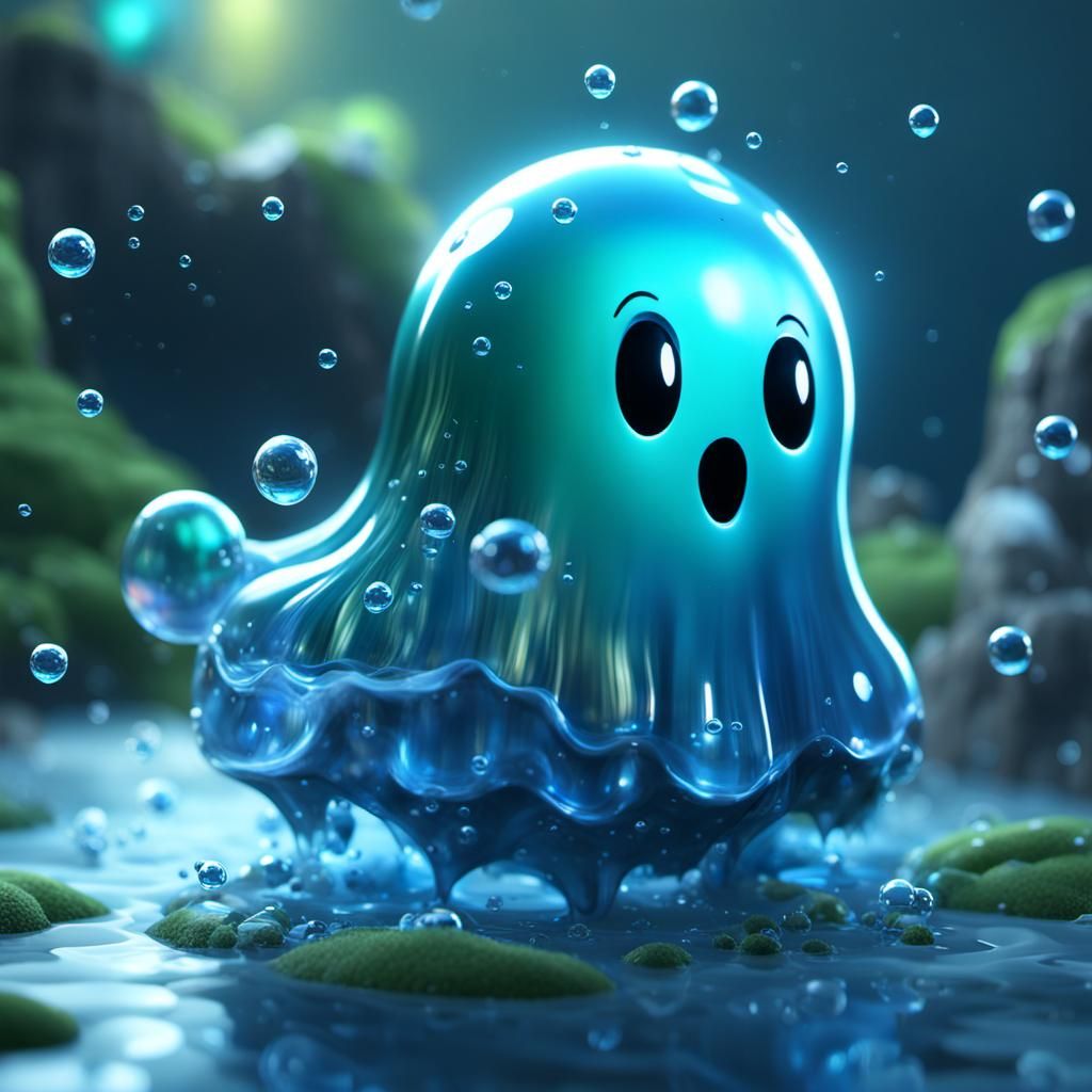 blue reflective cute ghost with bubbles inside and hearts ,water splash ...