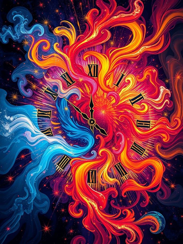 Surreal Clock Face Unfolds in Iridescent Fireworks - AI Art