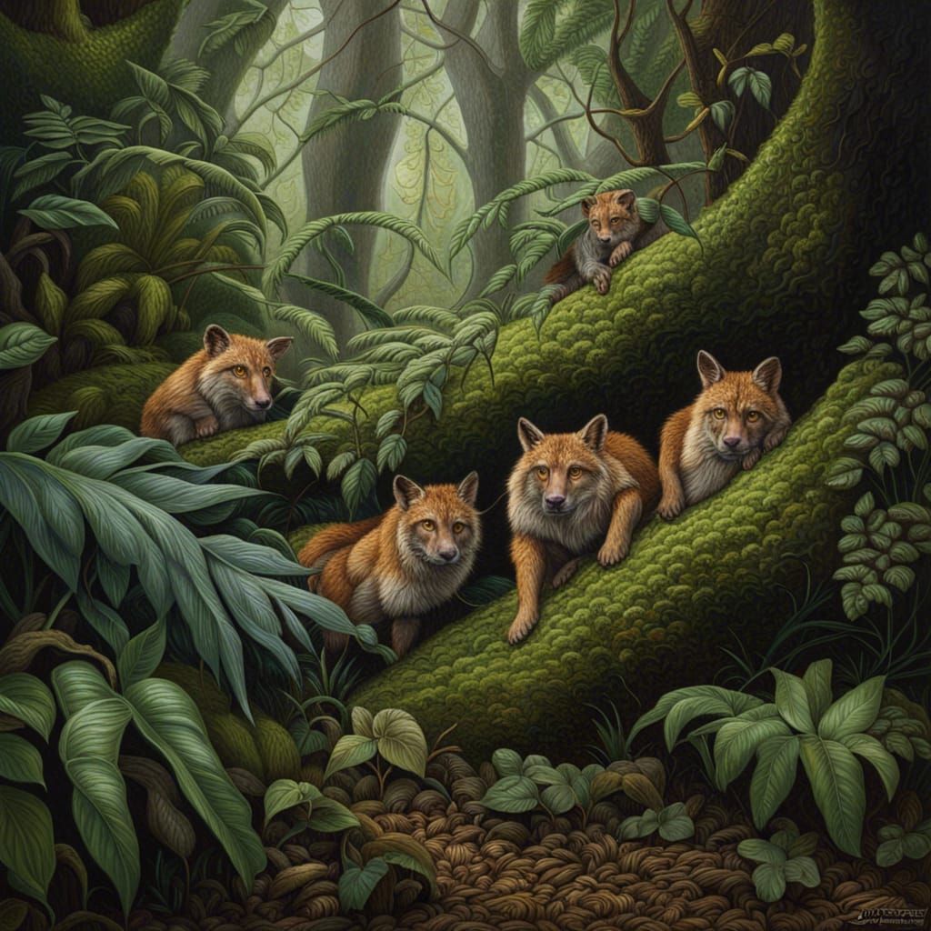 animals in a forest hiding under leaves while it rains. intricate ...