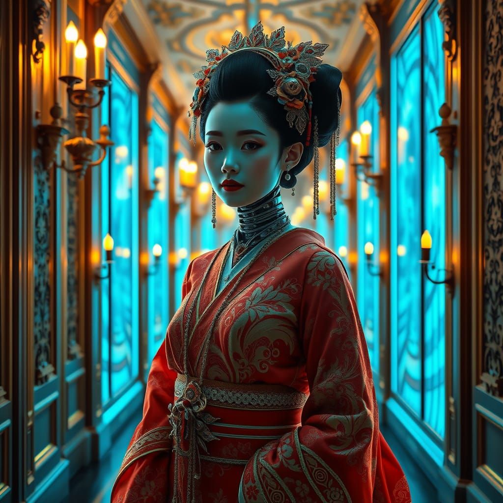 Cyborg Geisha Princess in Dieselpunk Hallway - AI Art