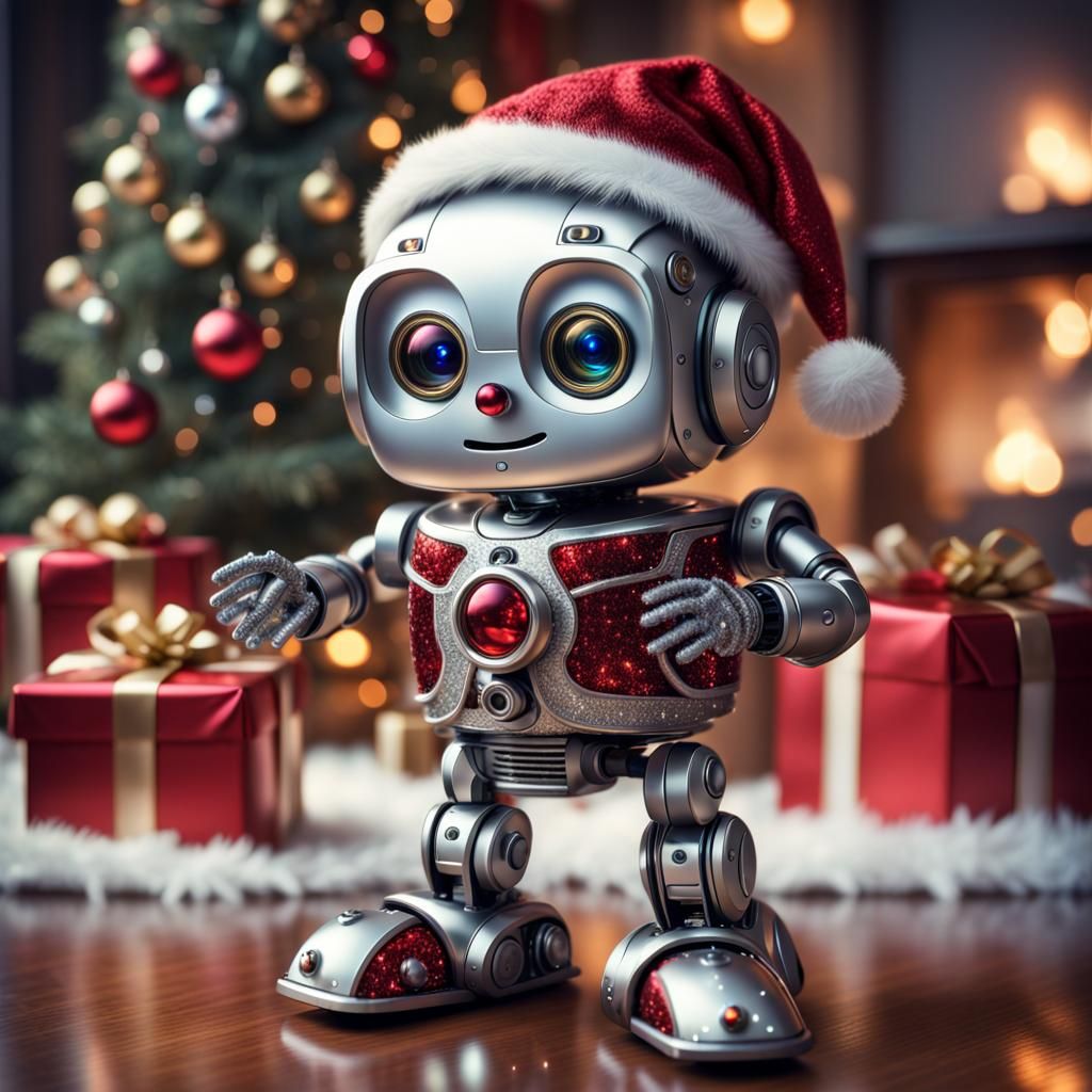 Cute little sparkling robot, dressed like Santa clause, christmas - AI ...