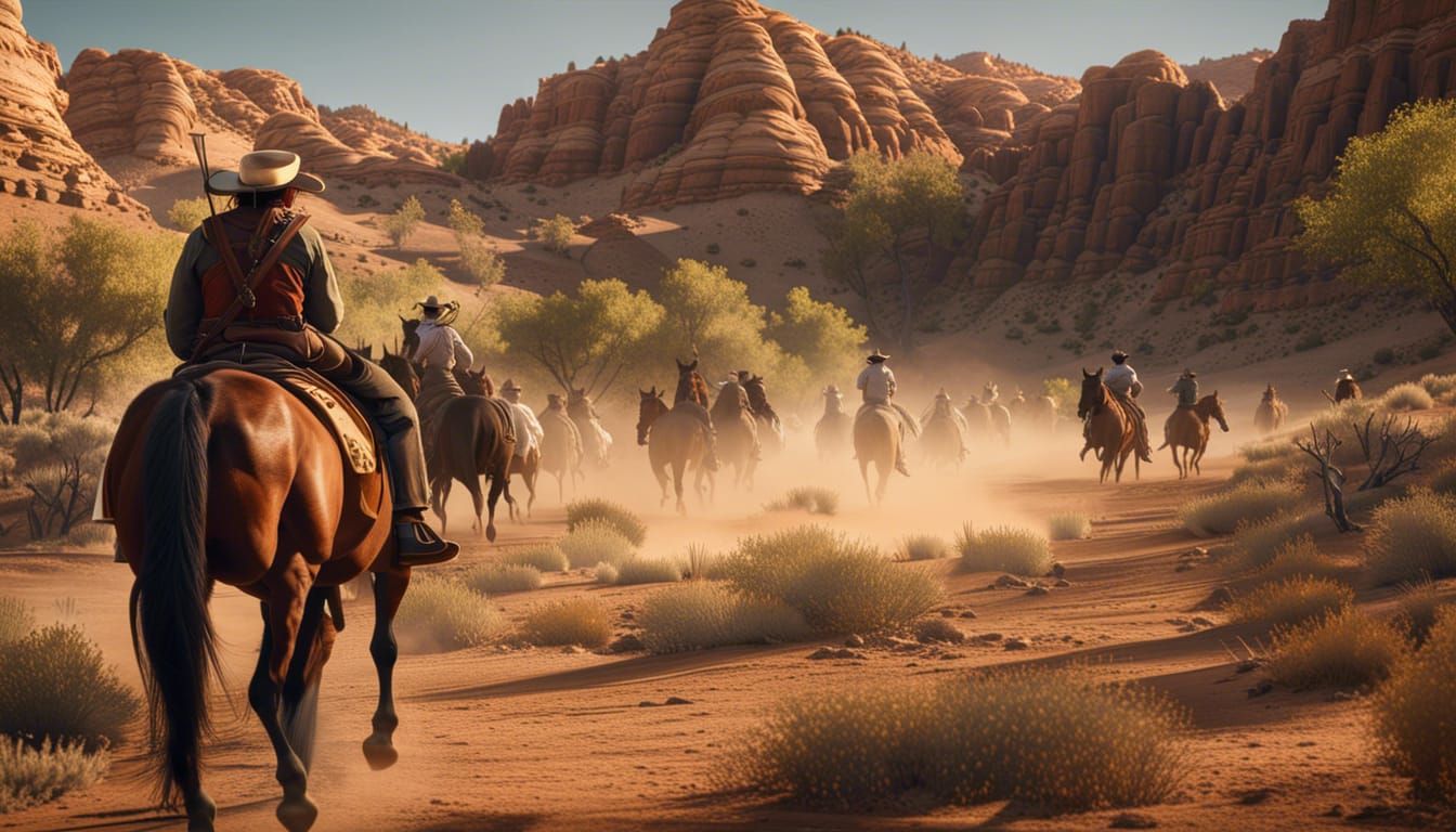 The cowboys ride on horses while chasing cows in the semi-desert of ...