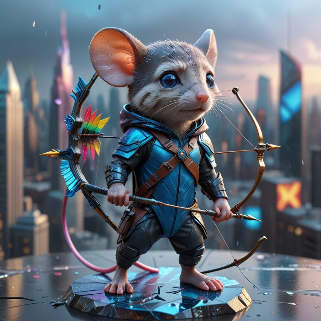 Realistic 8K Mouse Archer in Futuristic Cityscape - AI Art