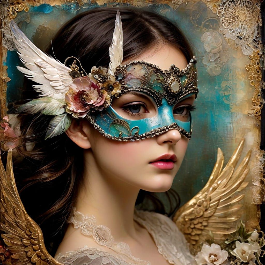 Waiting - Textured Angelic Dove with Masquerade Mask
