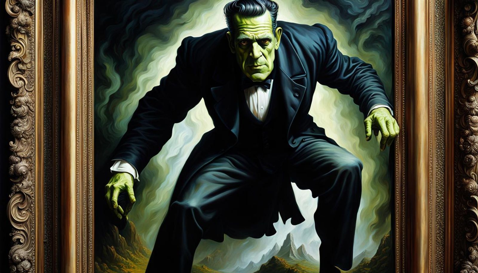 Frankenstein stepping through an oil canvas - AI Generated Artwork ...
