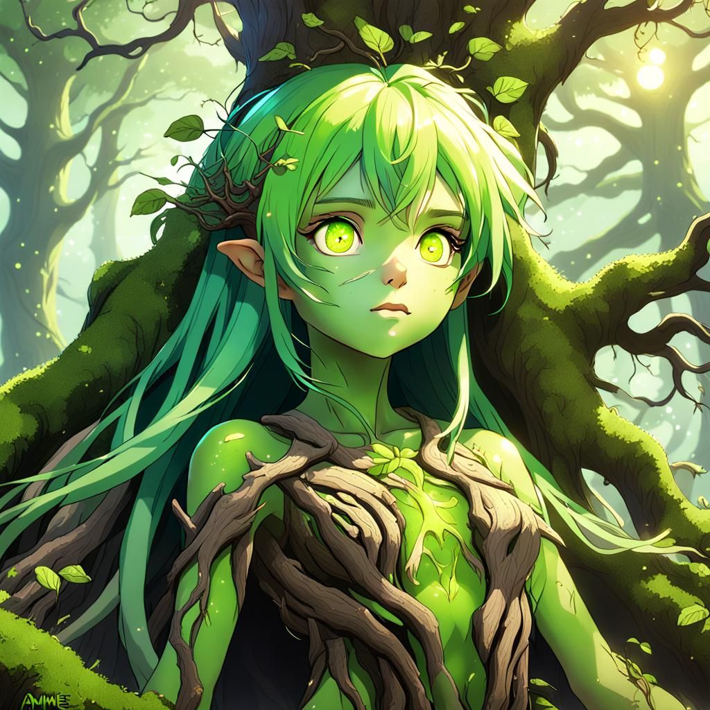 close up of a dryad with lime green hair and glowing green eyes with ...
