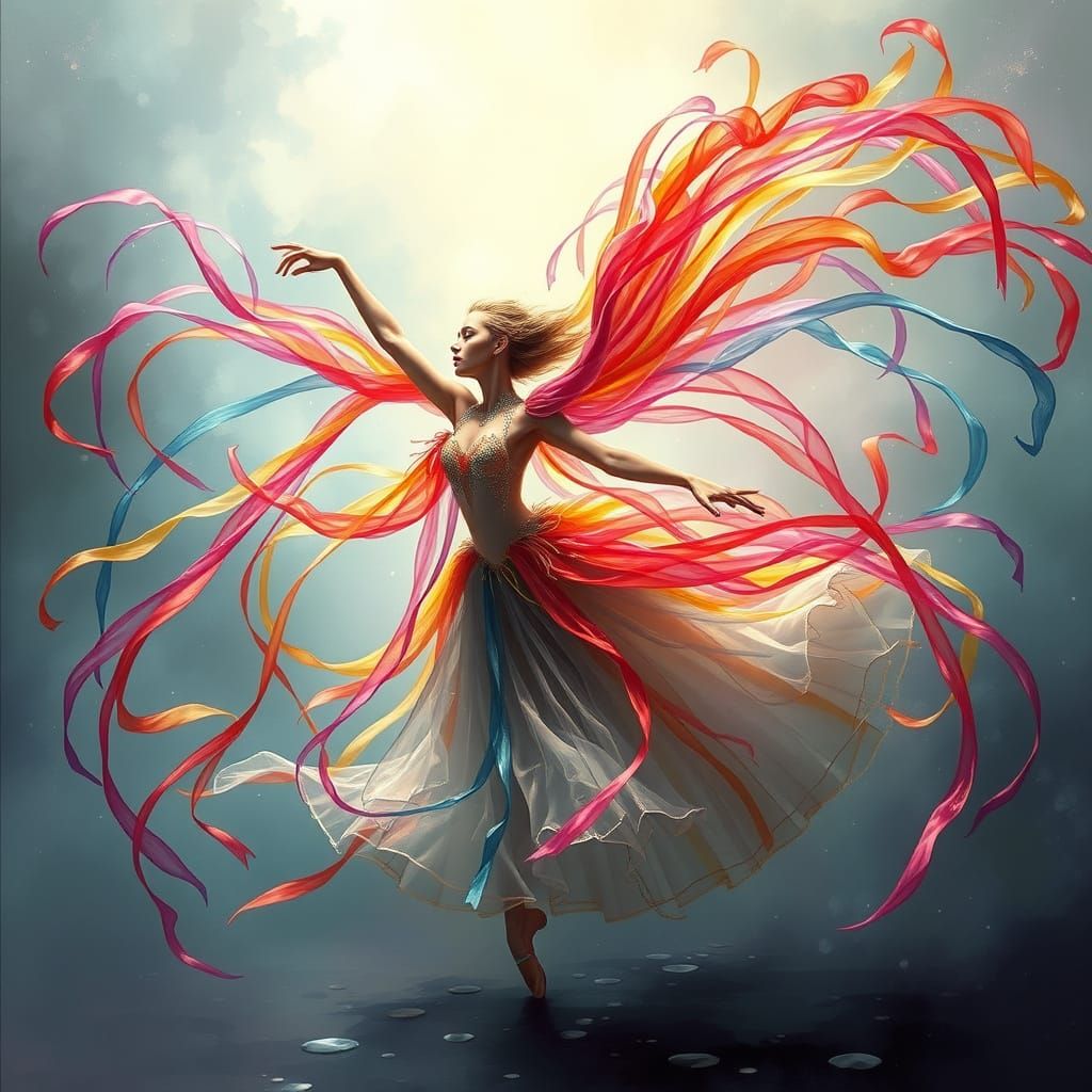 Dancer Enchanted in Whimsical Ribbon Garb - AI Art