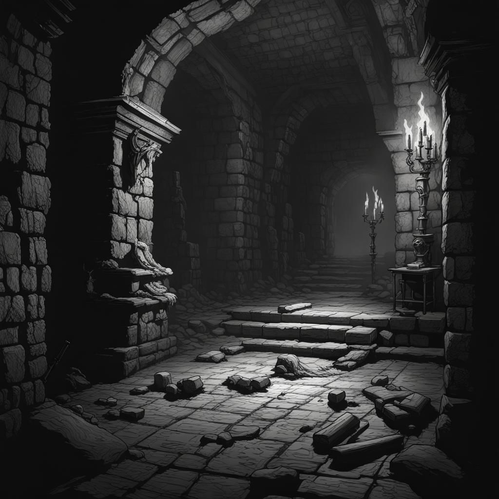 Dark, dungeon, corridor, stone block walls, torch light, debris, dirt ...
