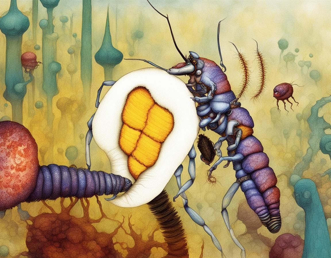 A strange microorganism climbs a human hair in false microscope ...