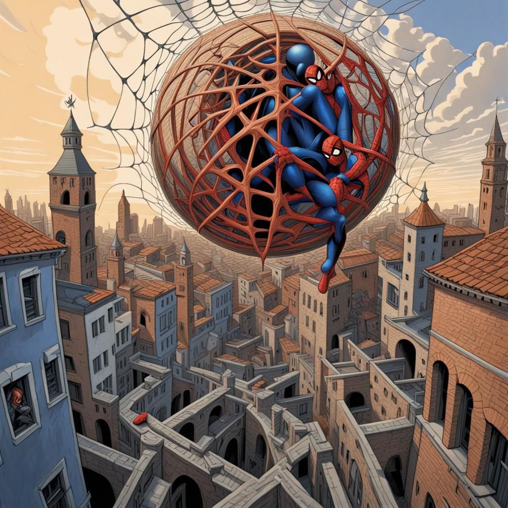 spiderman caught in warped tangled multiversal mc escher labyrinth web ...