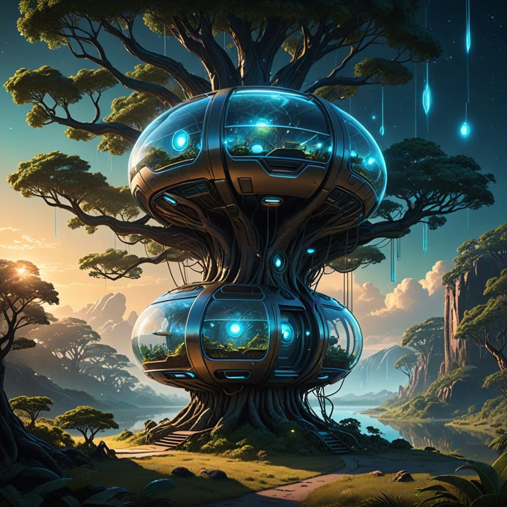 Futuristic Treehouse Pod in Glowing Alien Tree - AI Art