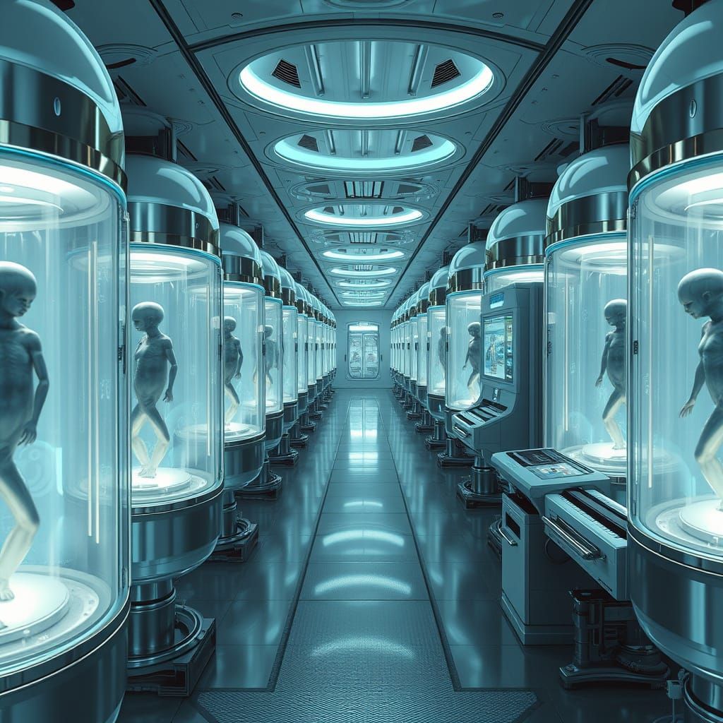 Sleek Futuristic Cloning Vats in a High-Tech Labor... - AI Art