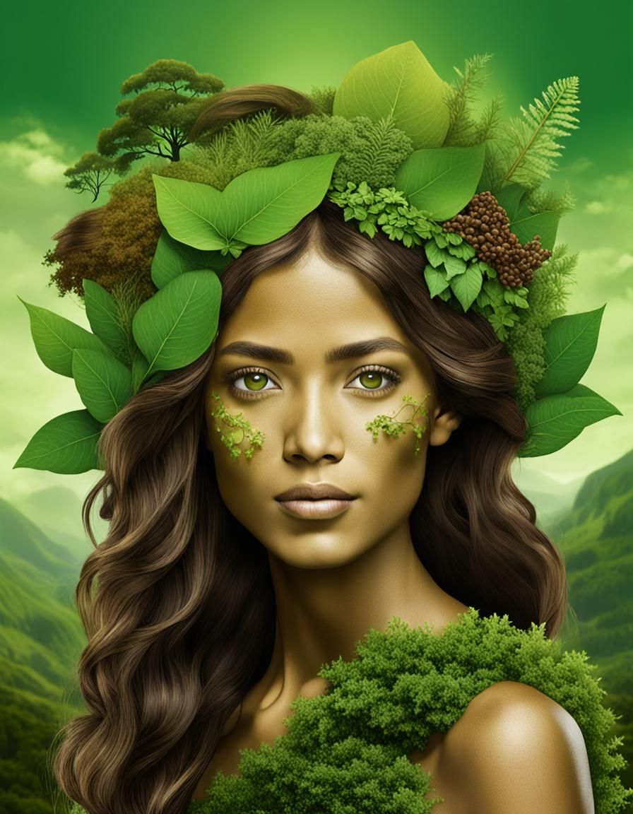 a portrait of a beautiful woman representing Mother Nature, 'Gaia.' Use ...