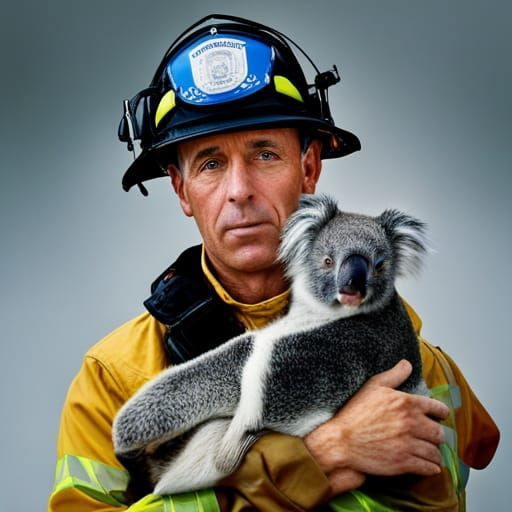"firefighter saving koala" - AI Generated Artwork - NightCafe Creator