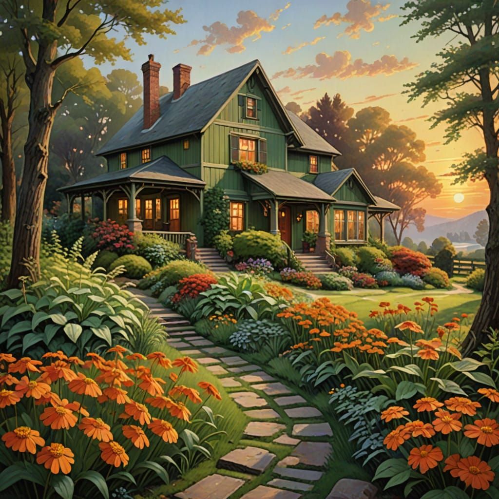 A serene and picturesque landscape at sunset with a traditional single ...