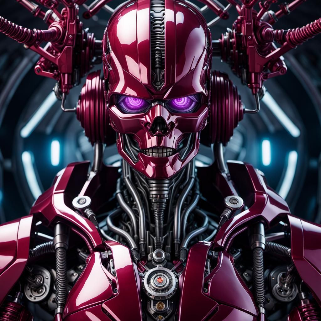 Prompts "Portrait photo of a biomechanical cyborg red cabbage with ...