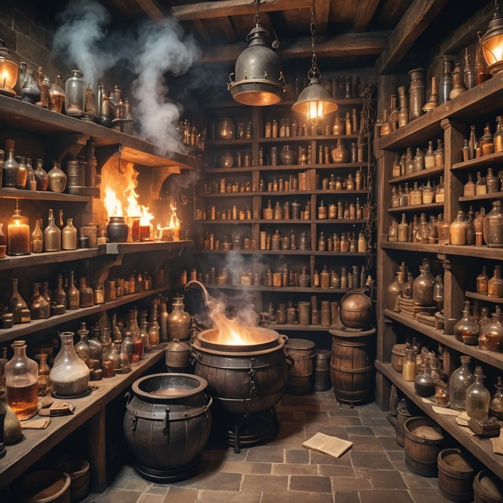 medieval alchemist's laboratory, bubbling cauldron, swirling vapors ...