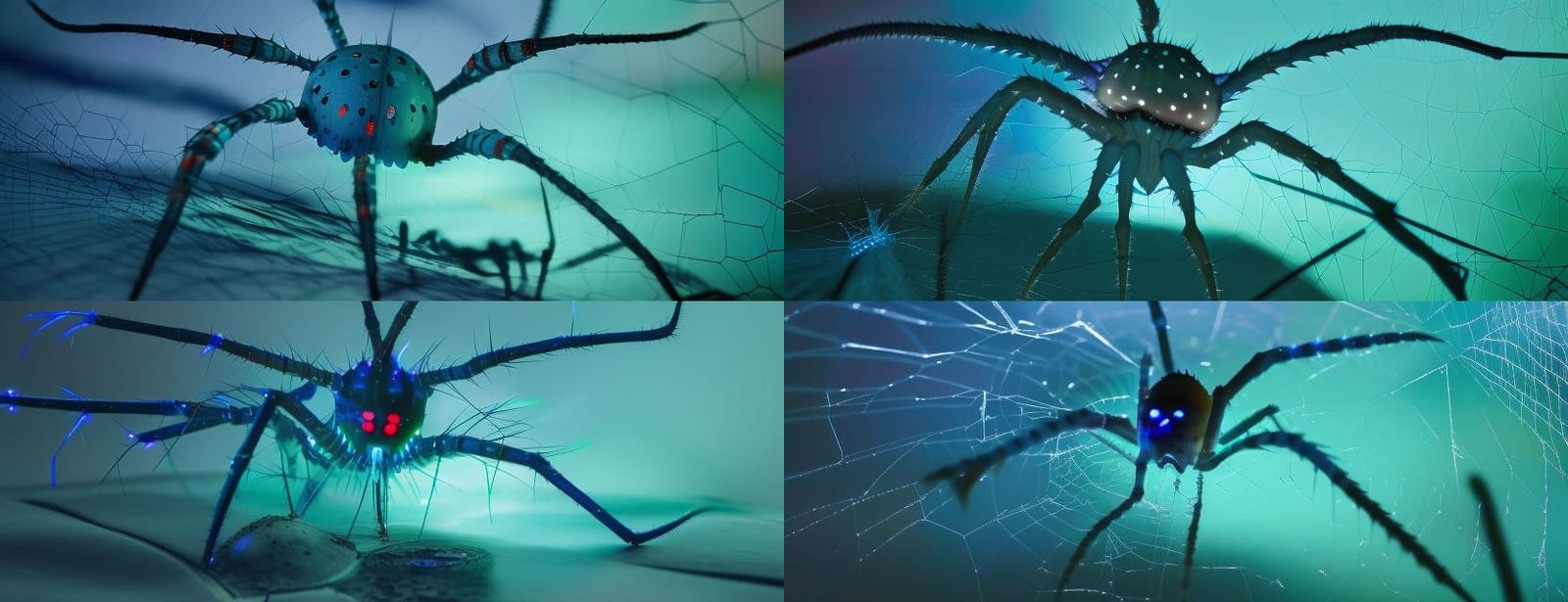 Spiny Demon Orb-Weaver Spider covered in glowing blue fungus - AI ...