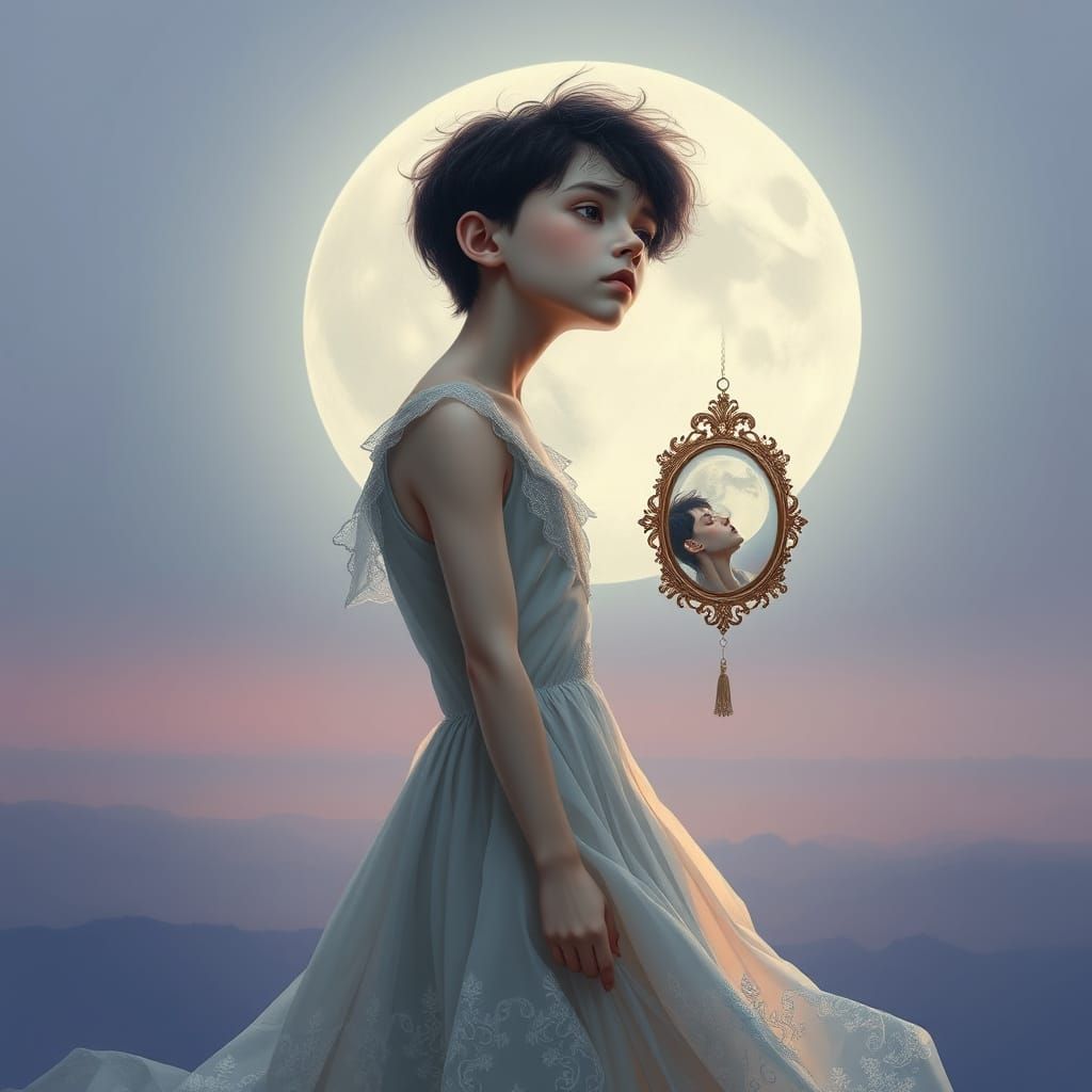 Ethereal Boy Gazing at the Full Moon in a Dreamy, ... - AI Art