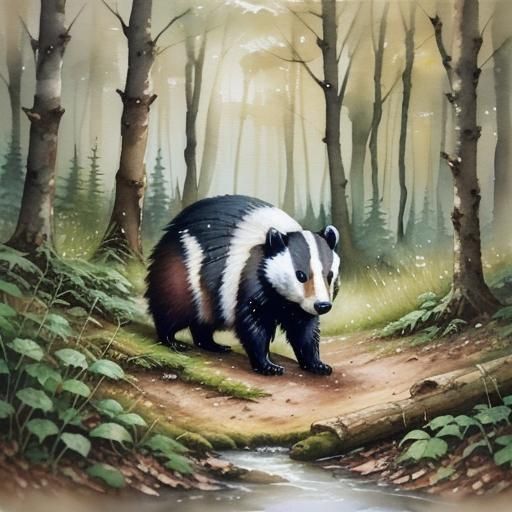 Watercolor painting of a badger in the woods, modern European ink ...