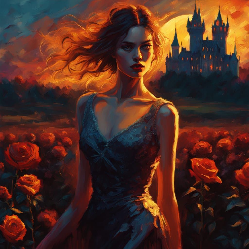 Ethereal Vampire Amidst Black Roses and Gothic Cas... - AI Art