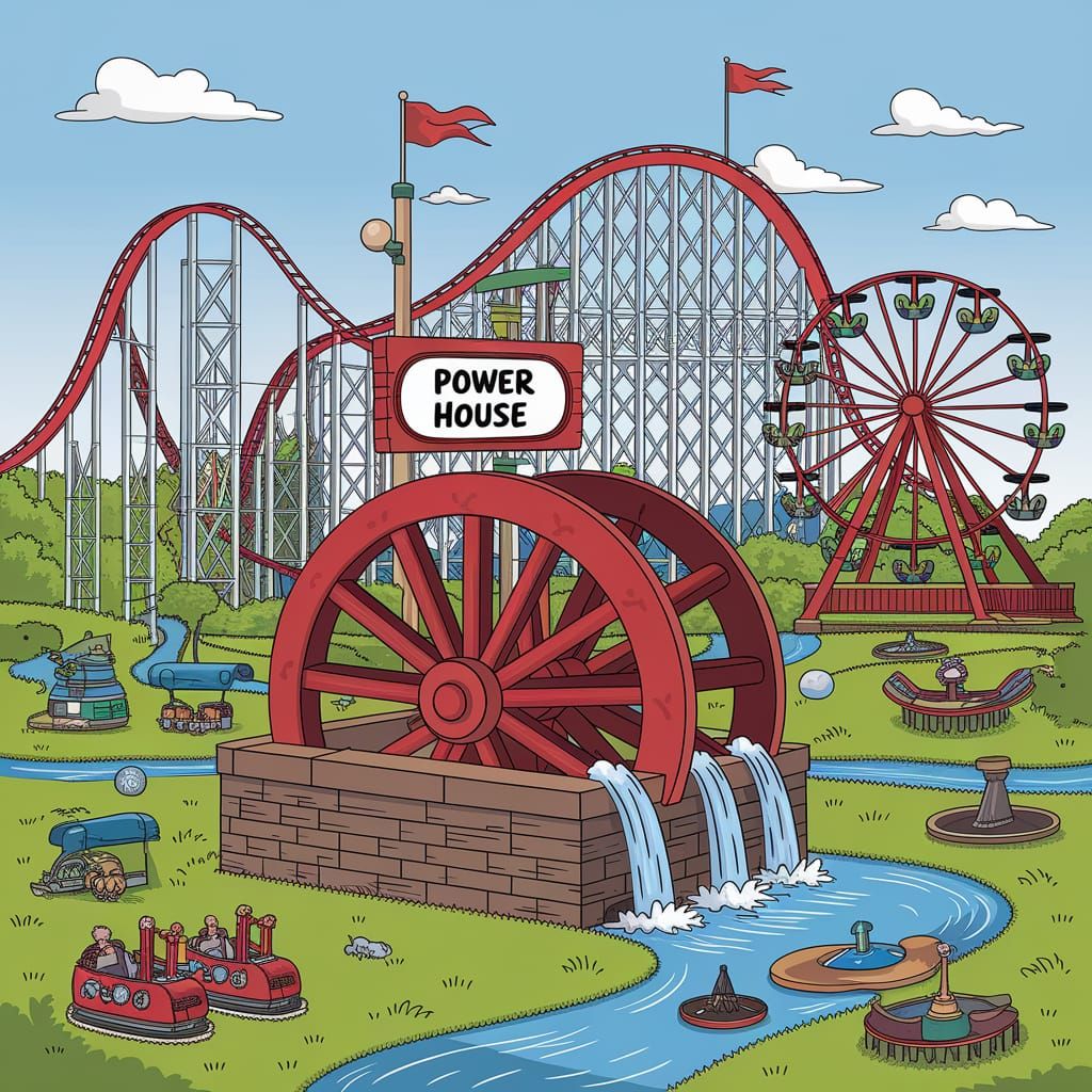 A waterwheel powering the roller coaster, dodgem cars, ferris wheel and ...