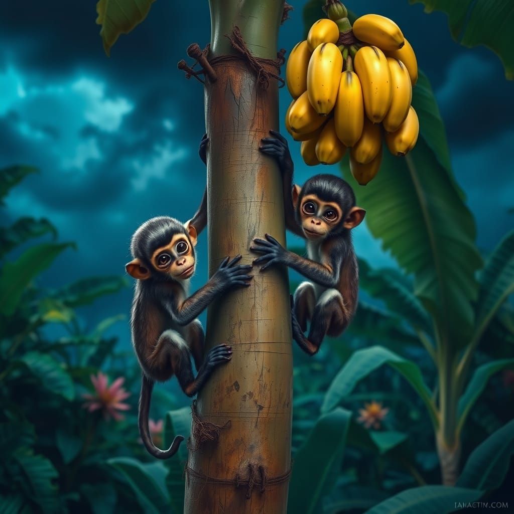 Two Agile Monkeys Grasp for Bananas in a Vibrant J... - AI Art