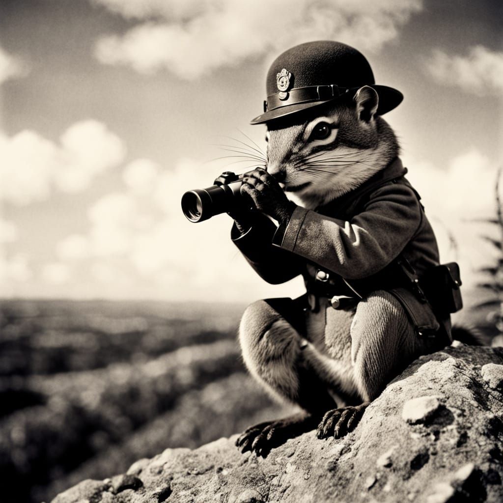 Scouting - Chipmunk in Vintage Soldier's Uniform, Film Noir...