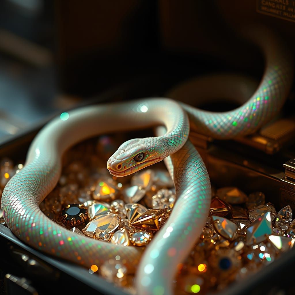Slender Opal Snake Entwines Treasure Chest in Cine... - AI Art