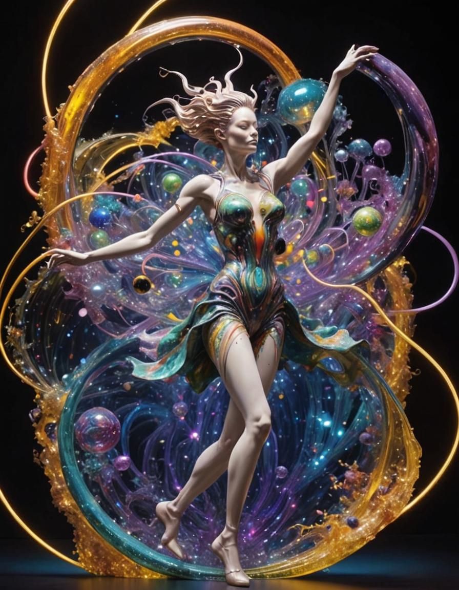 Create a mesmerizingly surreal scene painted with swirling, vibrant polychrome light beams that ...