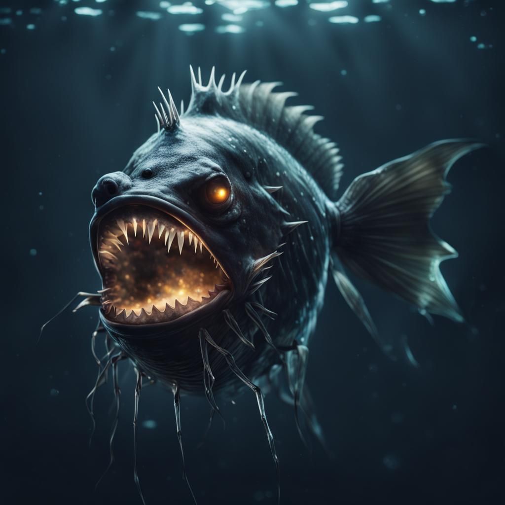 Angler fish with glowing lure coming from head big sharp teeth scary ...