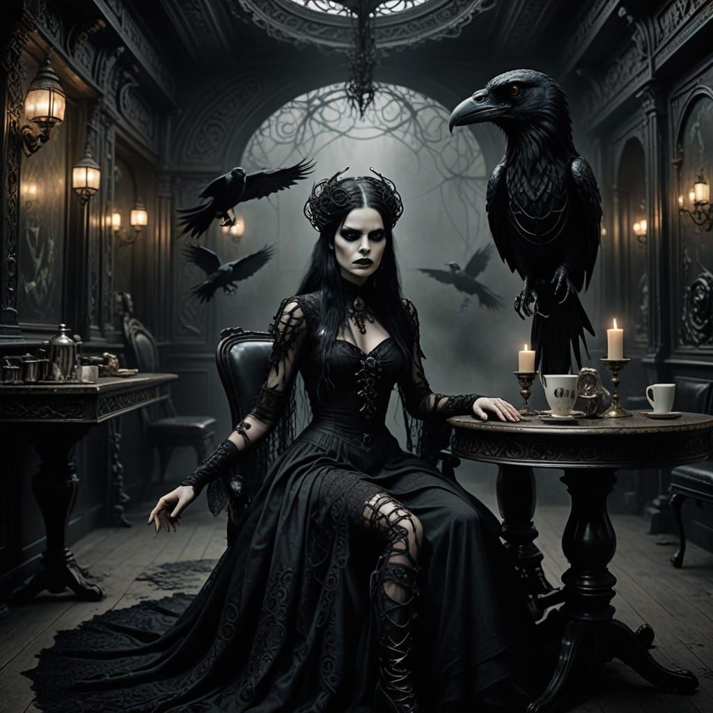 Mysterious Goth Fashion Model in Dark Coffee Shop ... - AI Art