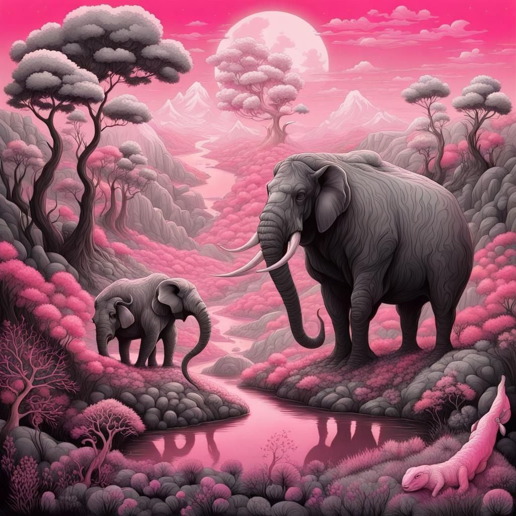 Two headed Elephant in pink Landscape - AI Generated Artwork ...