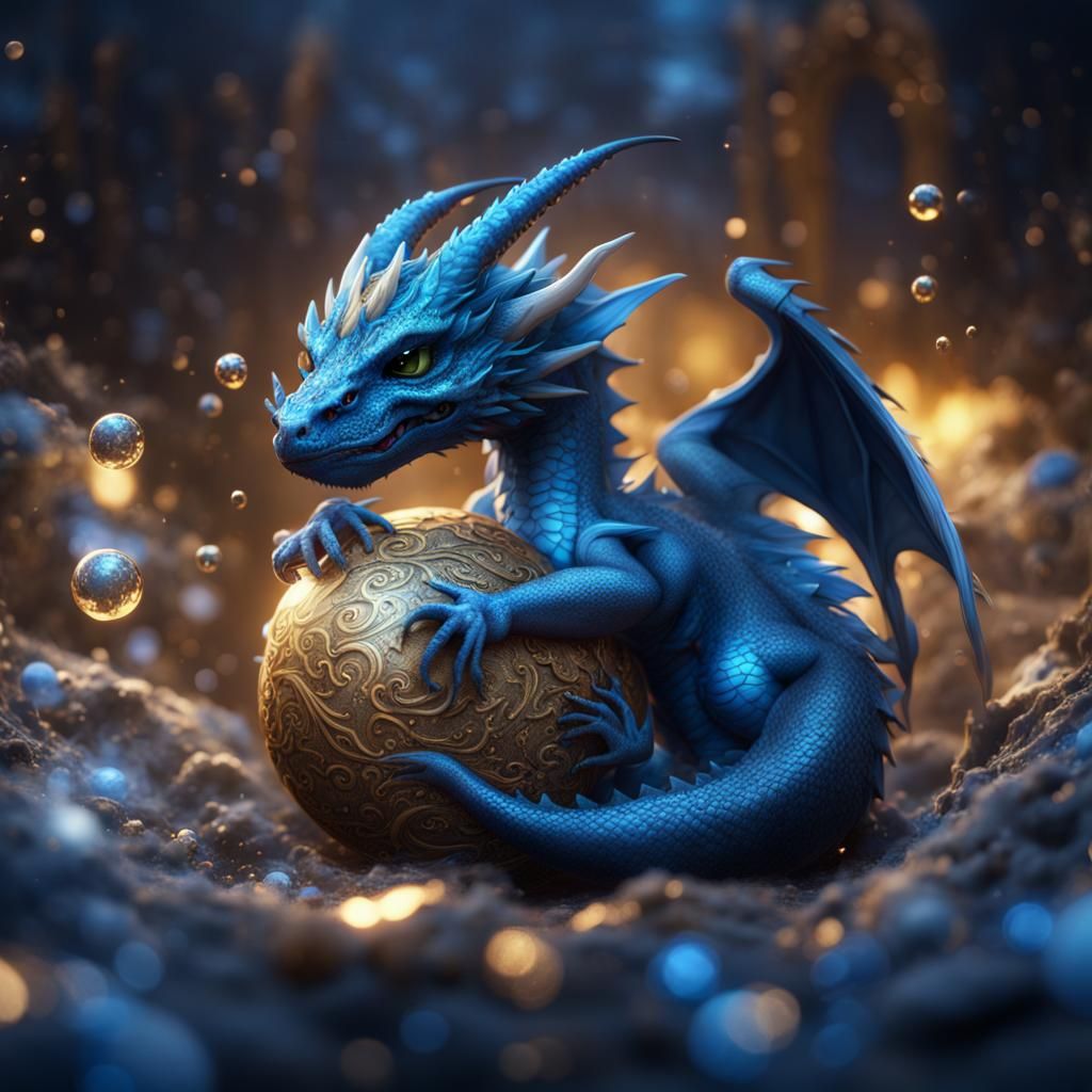 a small blue dragon lies curled up in a ball and sparkles fly around ...