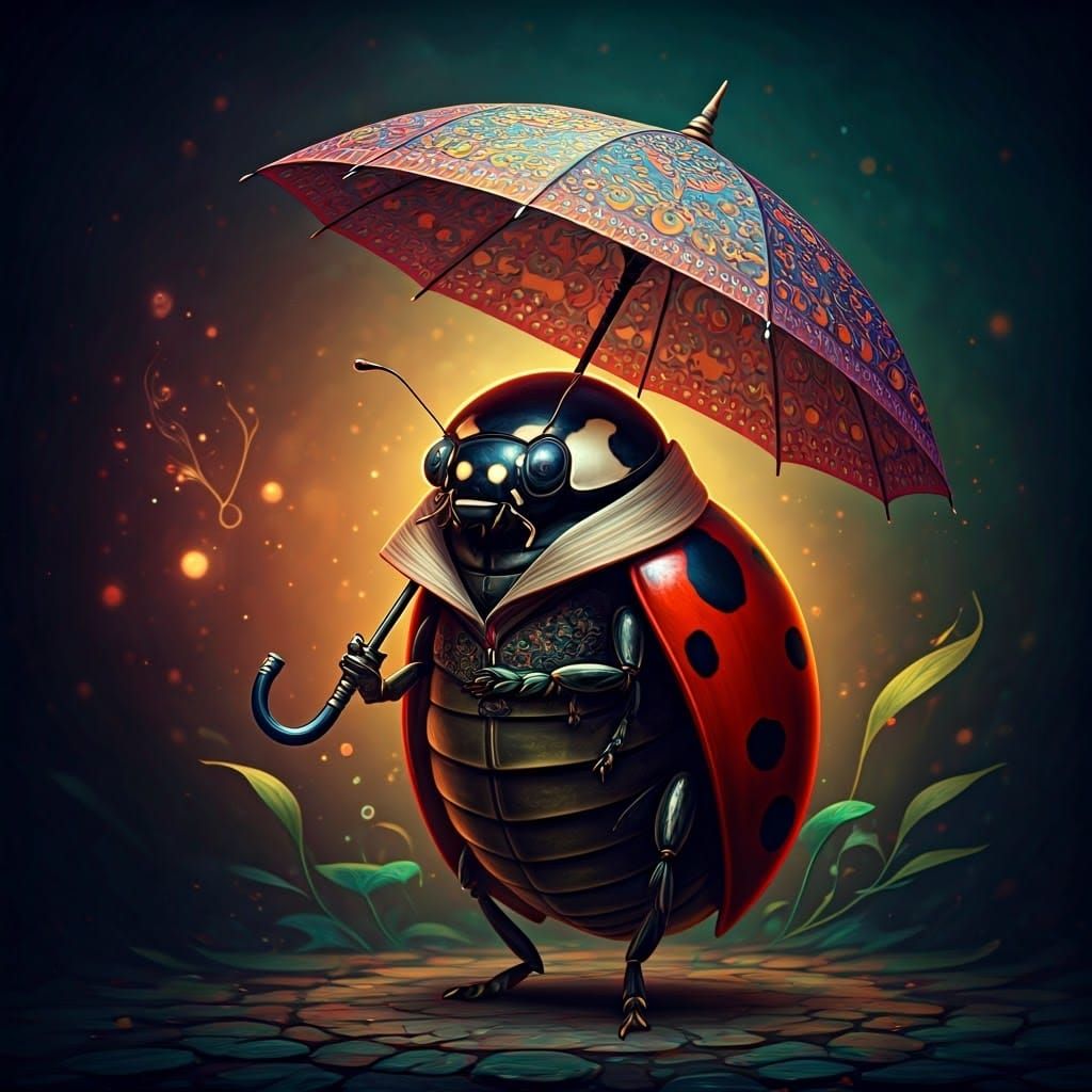 Whimsical Ladybug Under a Vibrant Umbrella in Fant... - AI Art