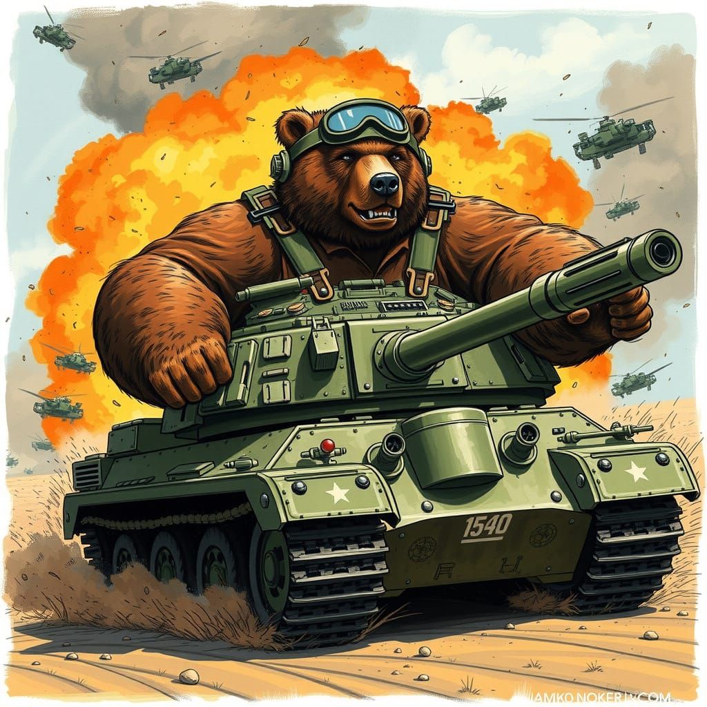 Exploding War Zone with Commando Bear in the Backg... - AI Art